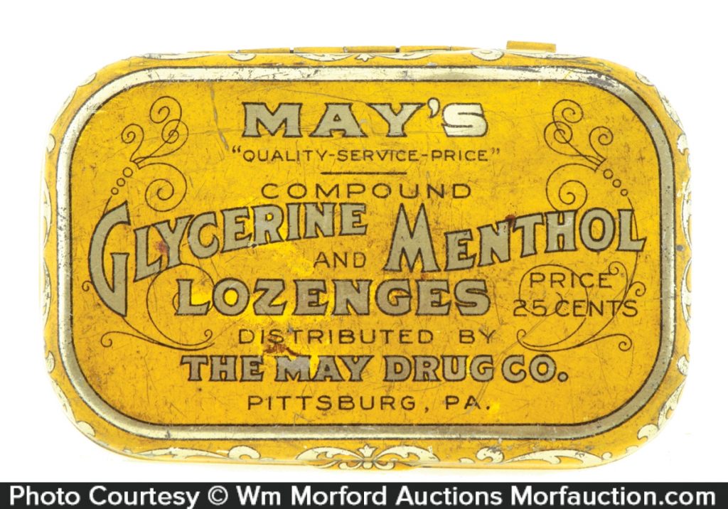 May's Glycerine Lozenges Tin • Antique Advertising