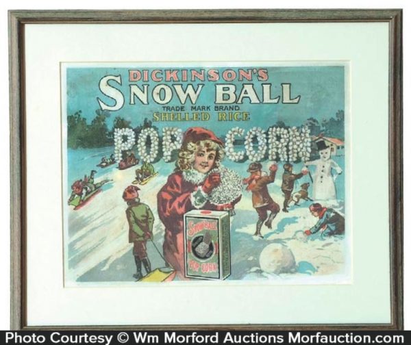 Snowball Pop Corn Sign • Antique Advertising
