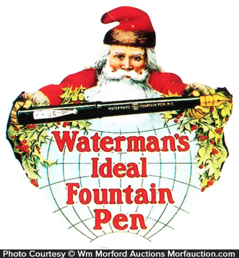 Waterman's Ideal Fountain Pen Santa Sign • Antique Advertising