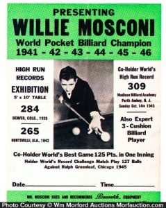 Willie Mosconi Billiard Poster • Antique Advertising