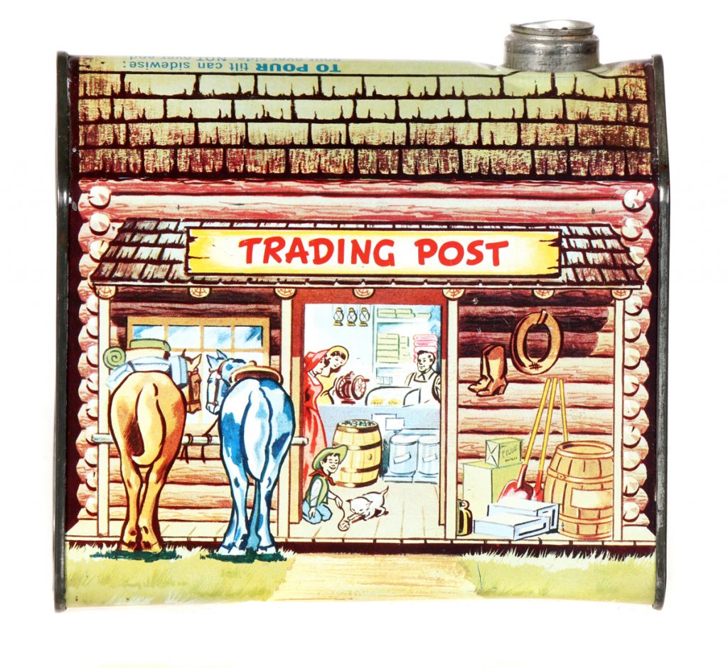 Large Log Cabin "Trading Post" Tin • Antique Advertising