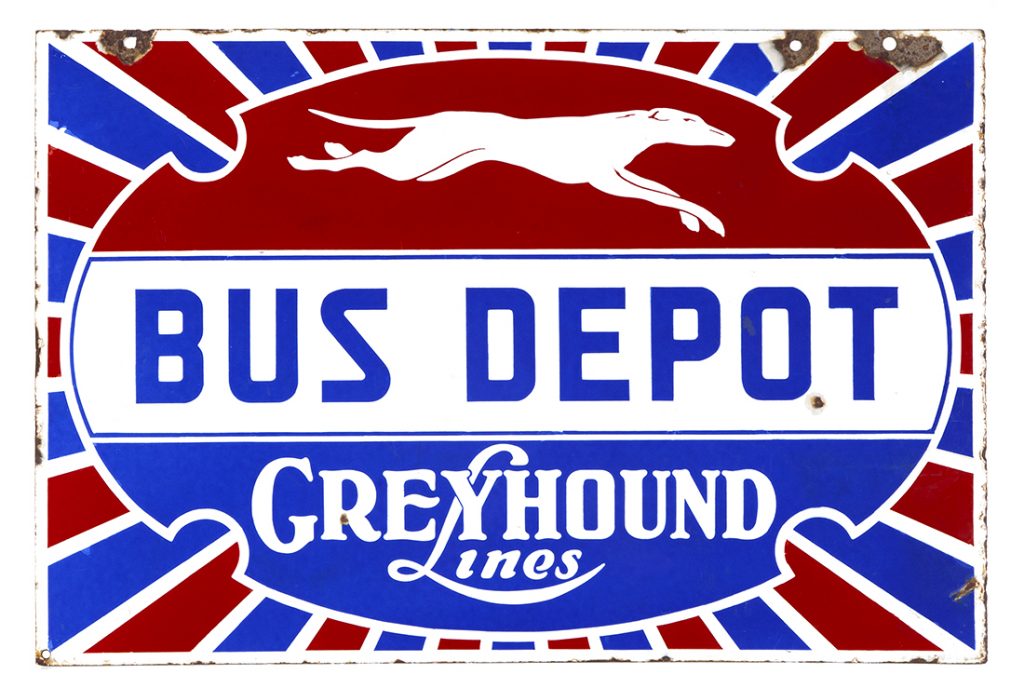 Greyhound Lines Bus Depot Porcelain Sign • Antique Advertising